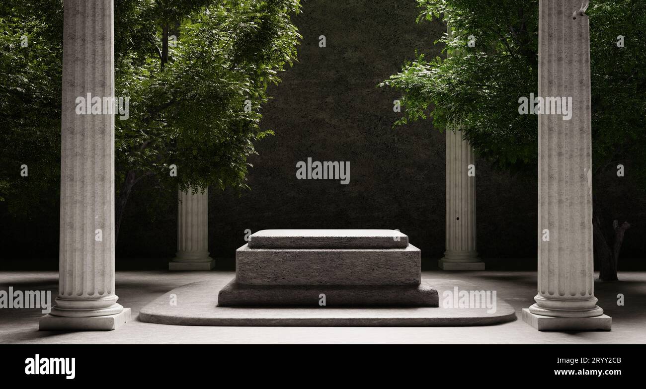 Stone platform with Corinthian pillars and natural trees with shadow ...