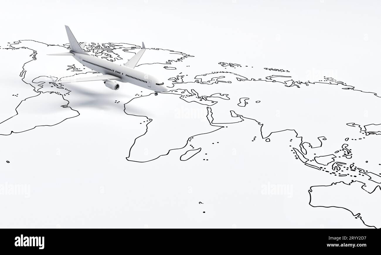 Plane flies above white paper map of the world travel background ...