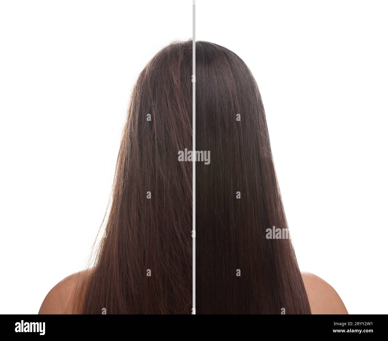 Photo of woman divided into halves before and after hair treatment on ...