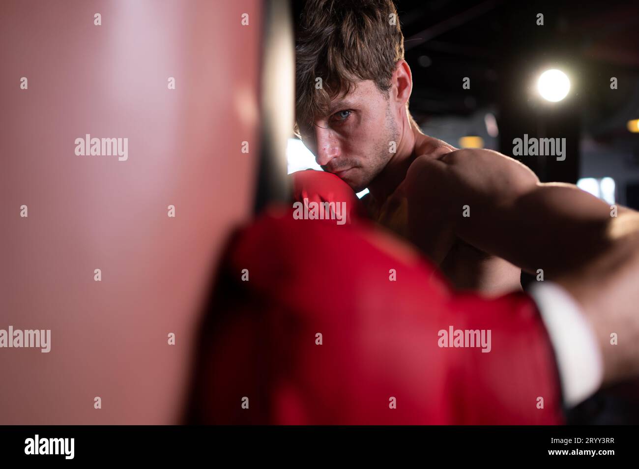 Portrait of boxers must practice their kicking and punching skills with ...