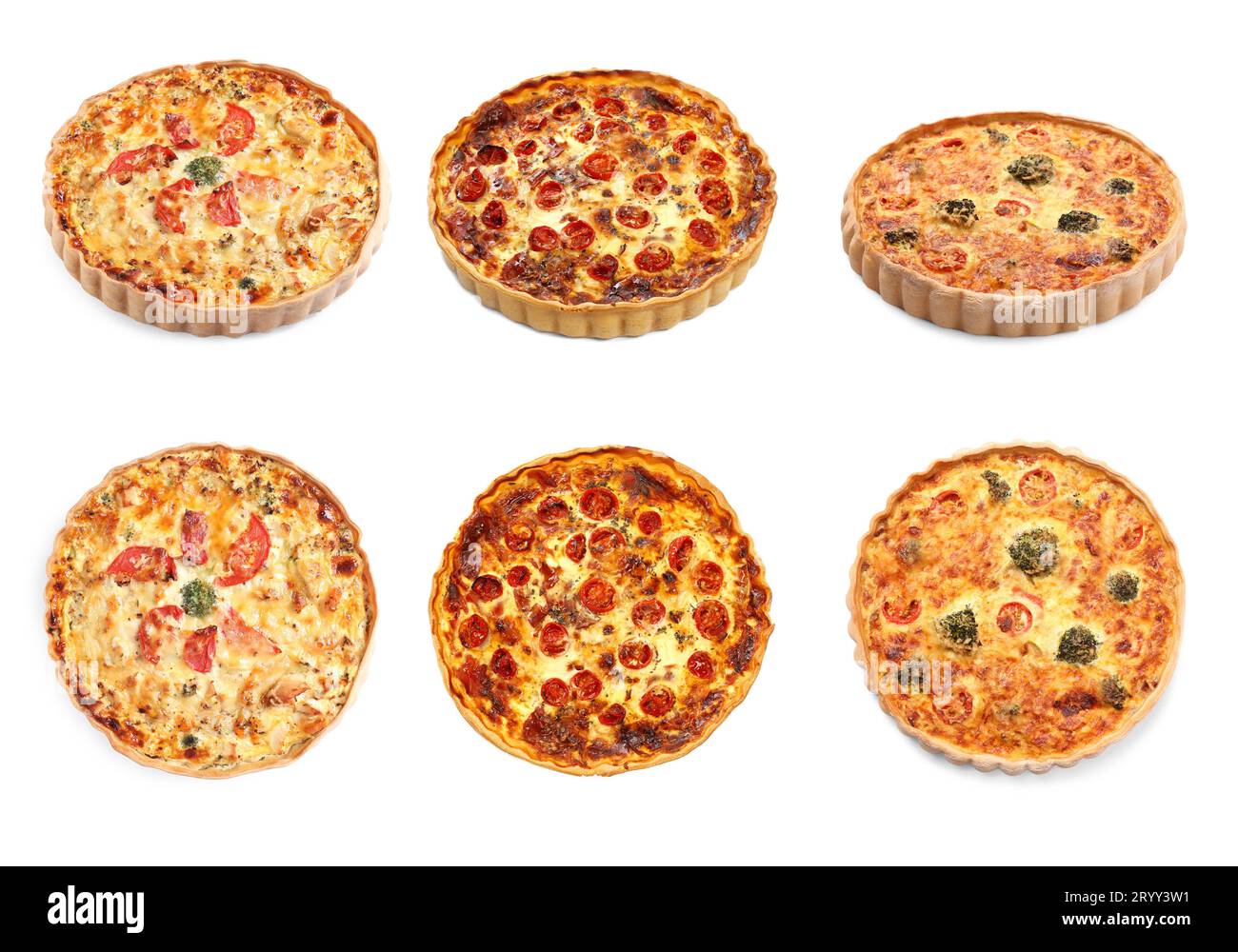 Different tasty quiches isolated on white, collage with side and top ...