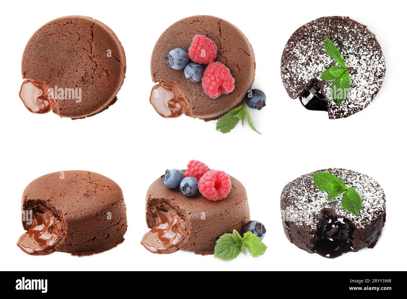 Set of yummy fondant cakes with hot chocolate isolated on white, top ...