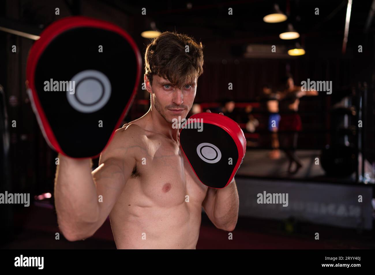 Portrait of boxer's training partner self-defense equipment must be ...