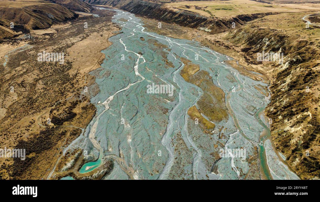 Aerial photograph of the braided river flowing through the valley in ...