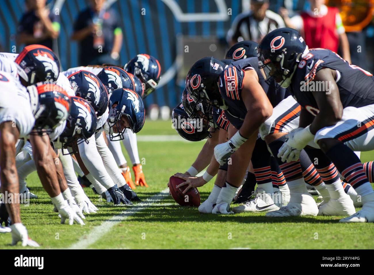 Chicago, IL, USA. 1st Oct, 2023. Chicago Bears offensive line squares up against the Broncos ...