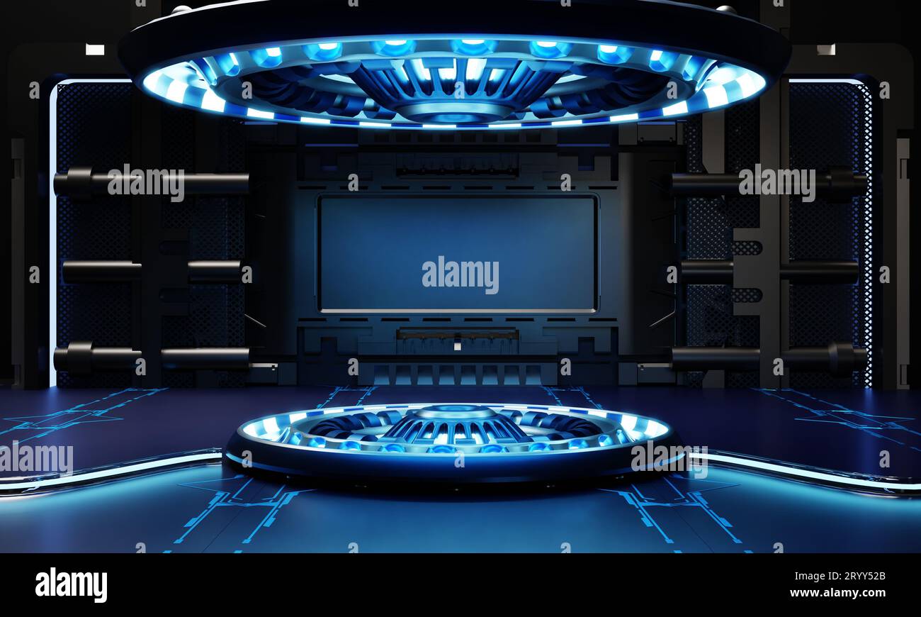 Sci-fi product podium showcase in spaceship with white and blue ...