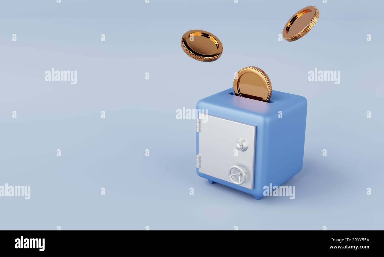 Safe box with dropping and collecting golden coins on blue background ...
