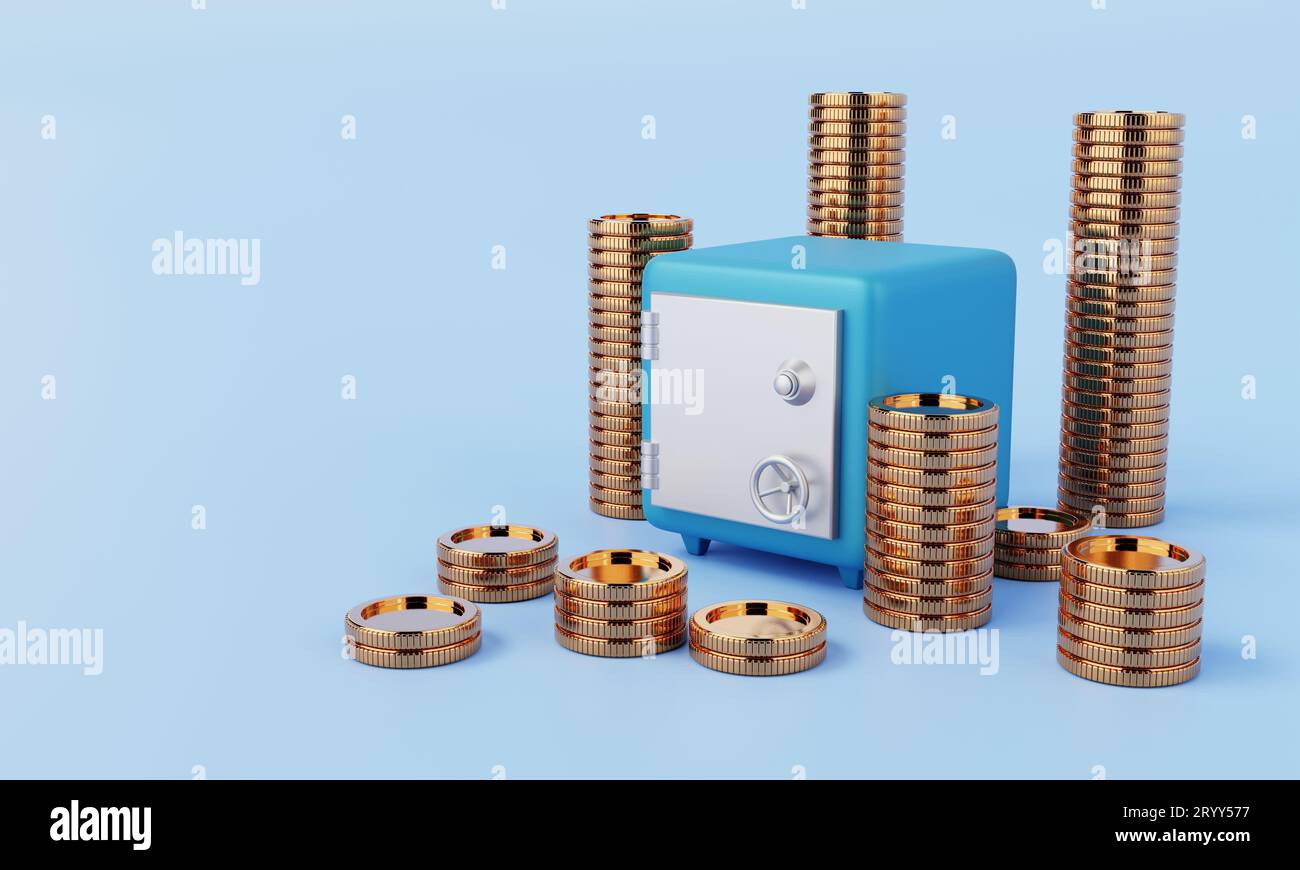 Safe box with golden coins on blue background. Financial economic and ...