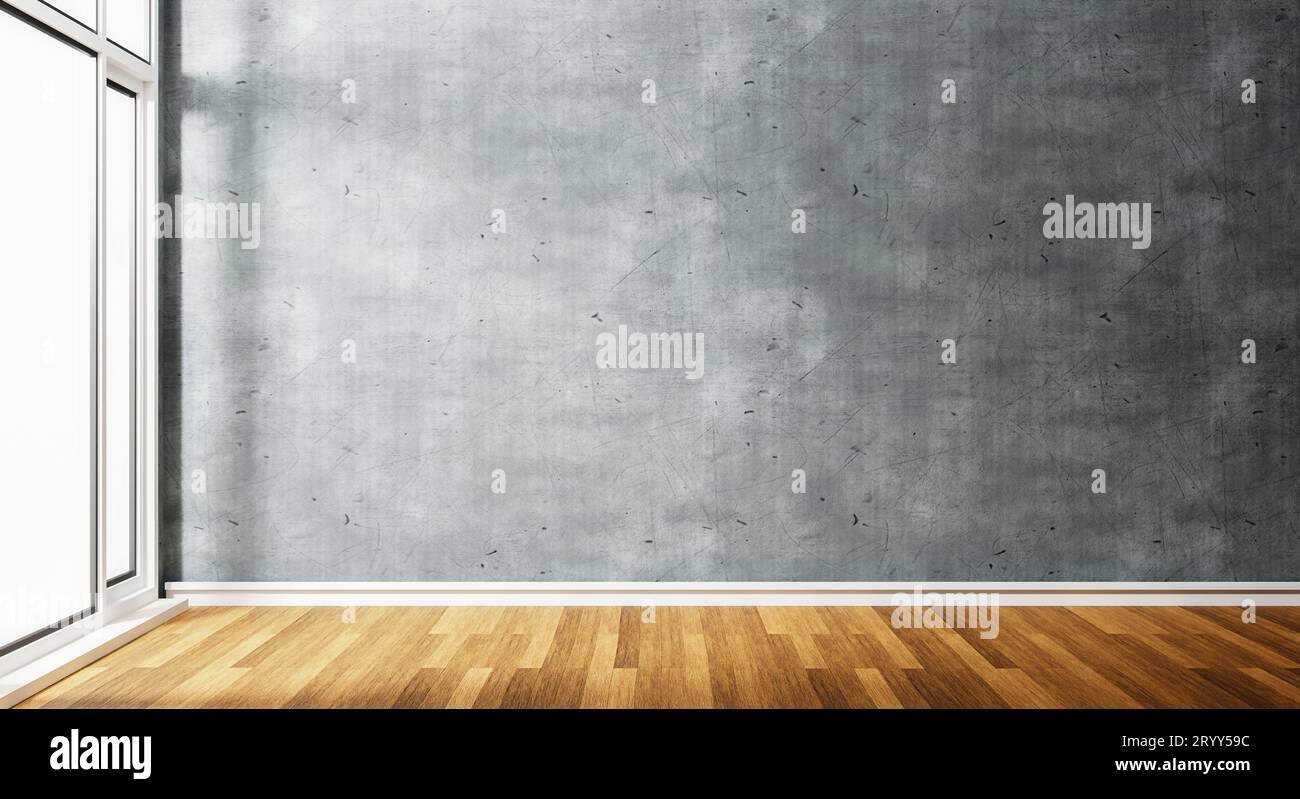 Empty concrete room with sunlight shining windows on wooden floor ...