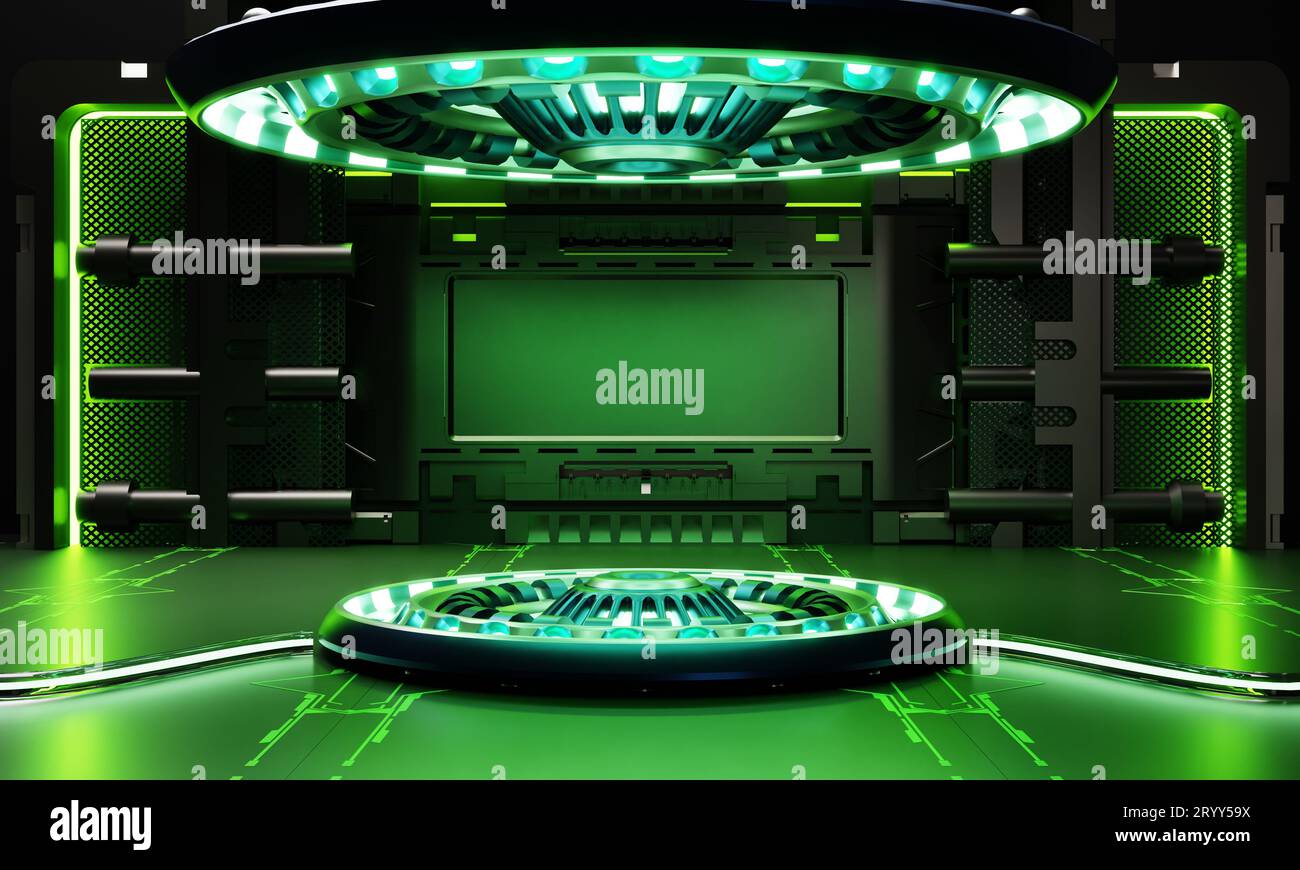 Sci-fi product podium showcase in spaceship with green light background. Space technology and ...