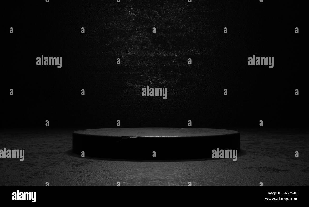 Black cement and concrete stage podium with spotlight and dark grunged ...