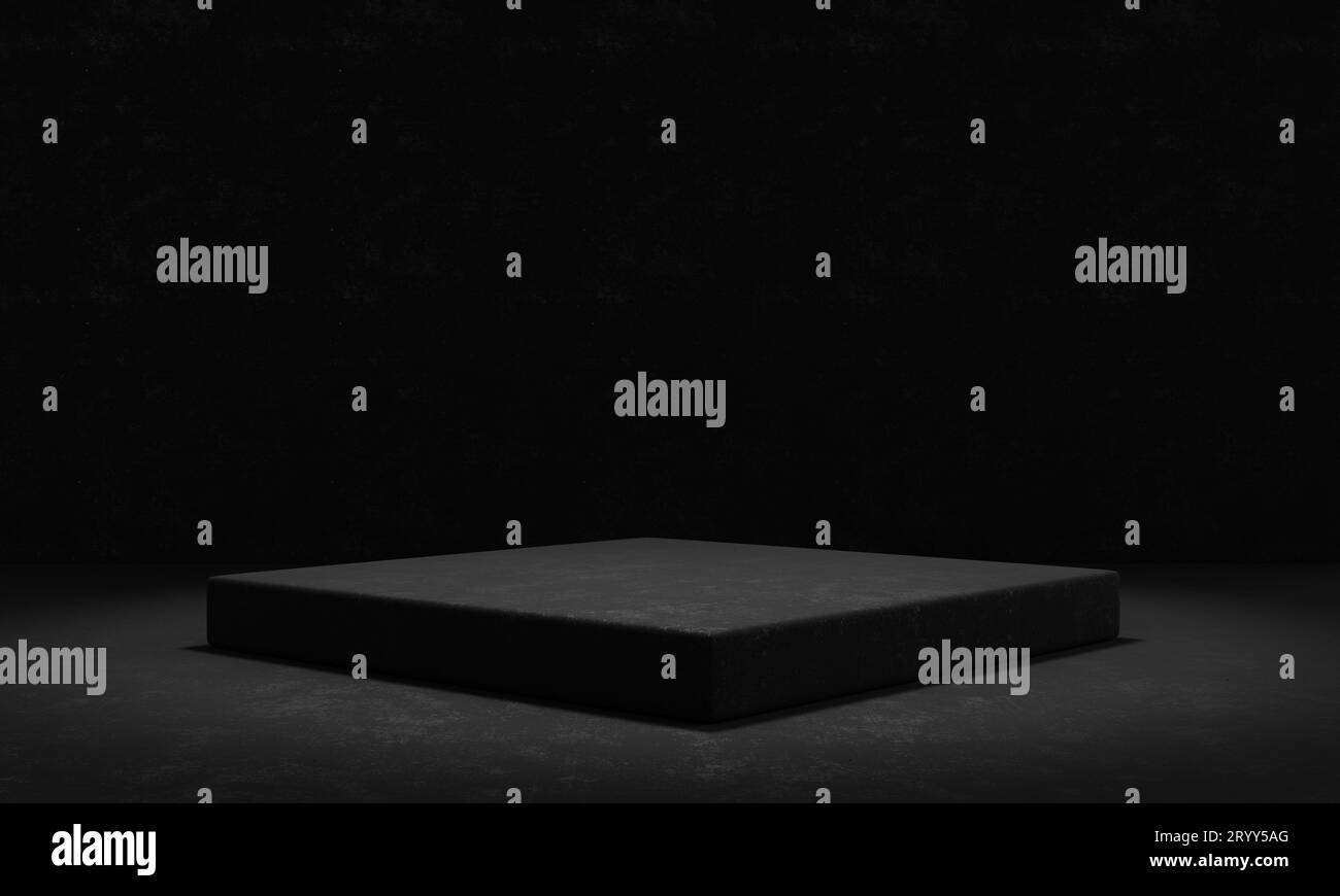 Black cement and concrete stage podium with spotlight and dark grunge ...
