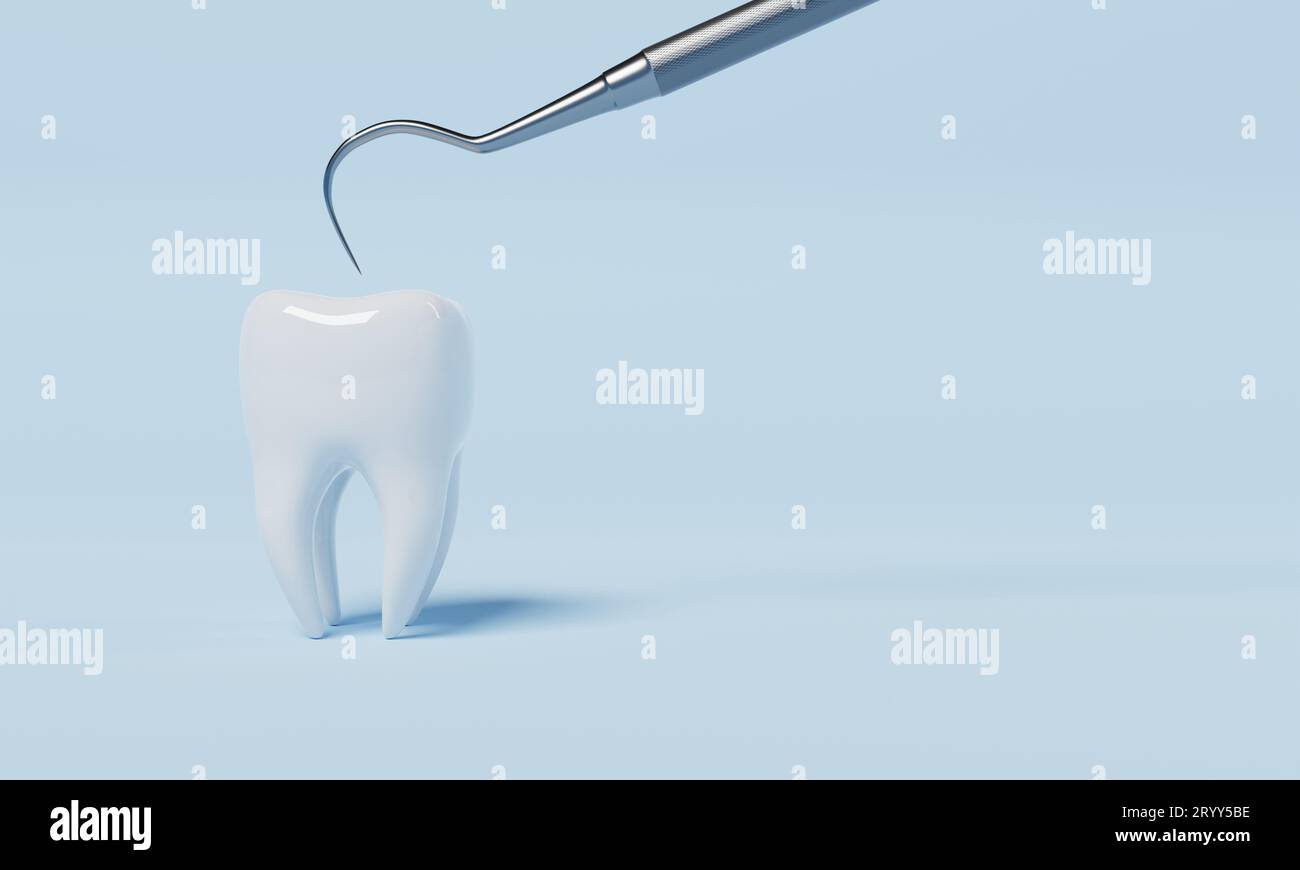 Tooth healthy check with dental inspection hook on blue background ...