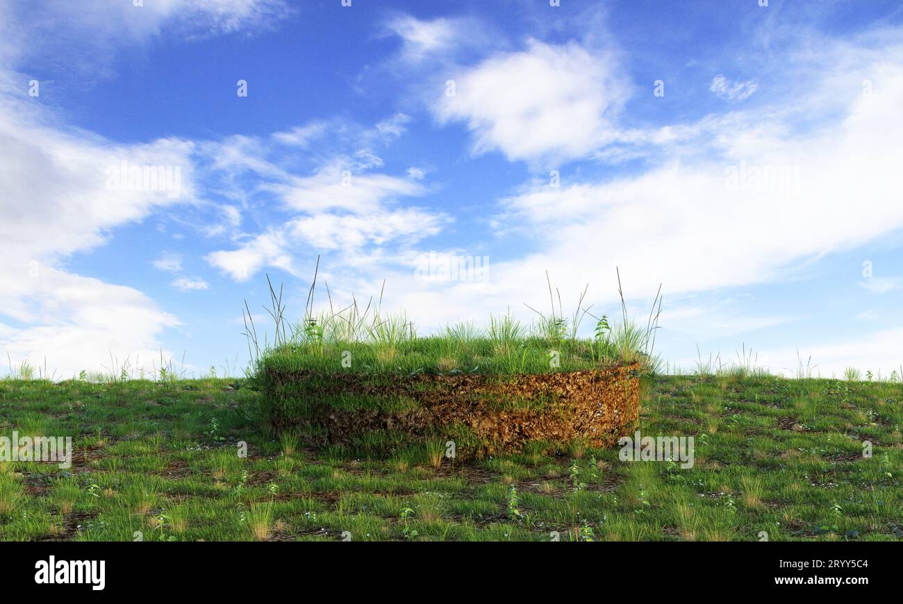 Grassy podium with blue clear sky background for product advertising ...