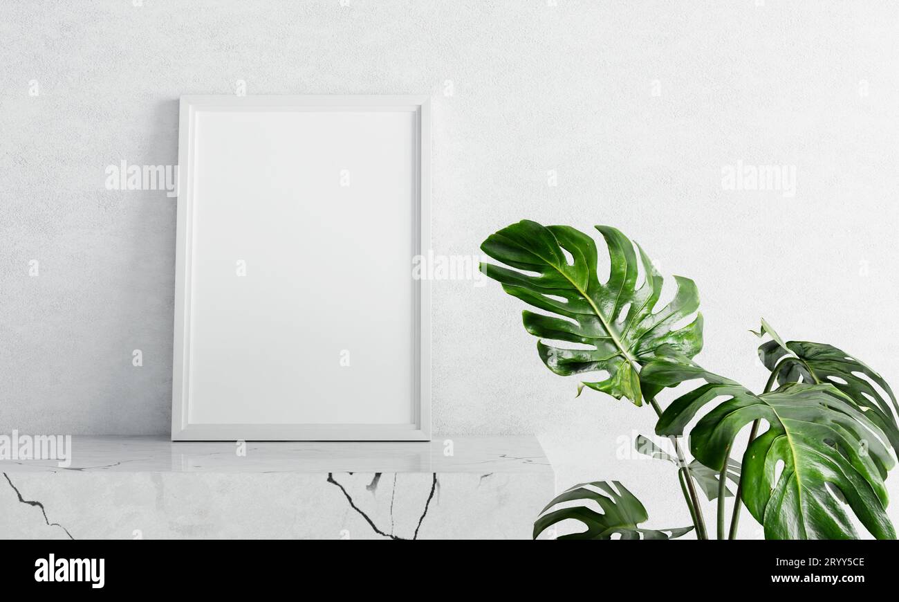 Empty photo frame mockup on white marble table with swiss cheese plant ...