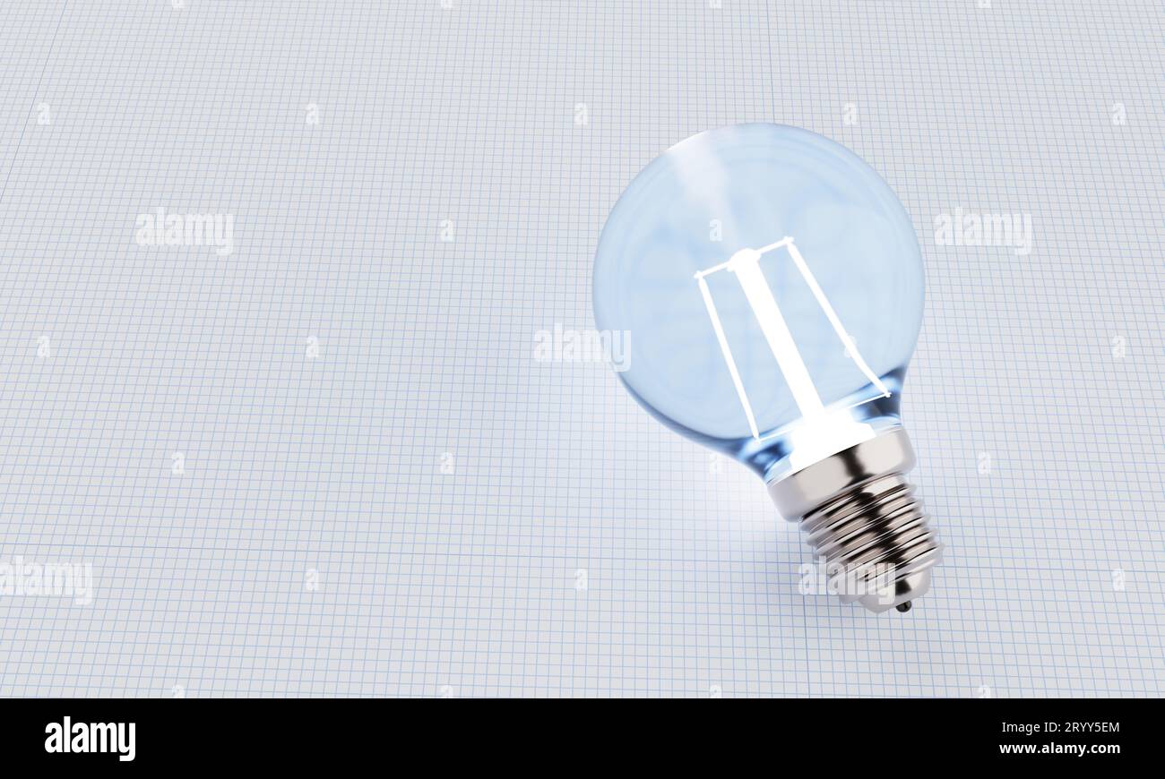 Light bulbs with incandescent bulbs glow blue on white draft office ...