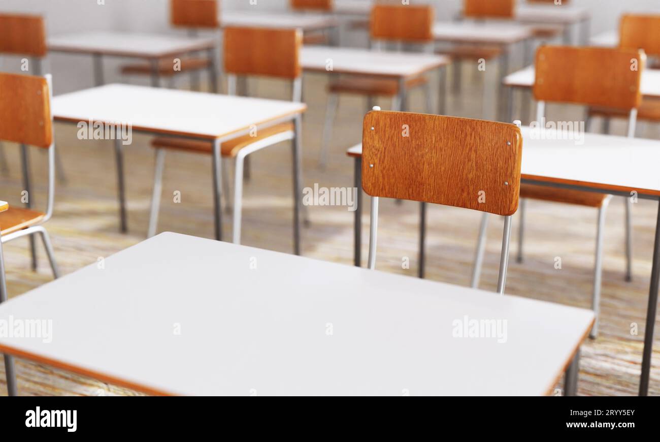 Closeup student chair seat and desk in classroom background with on ...