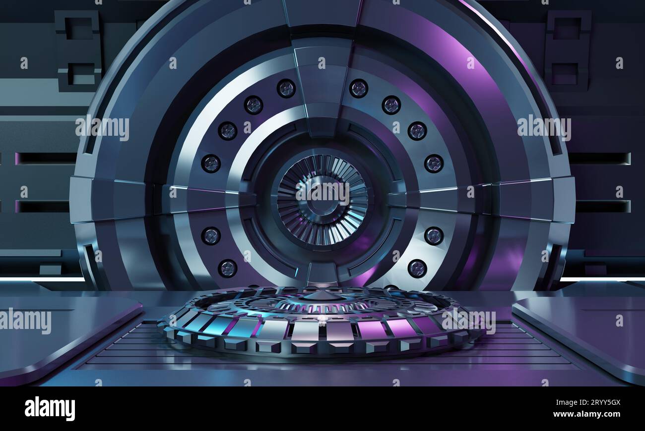 Sci-fi product podium showcase inside spaceship with security metal ...