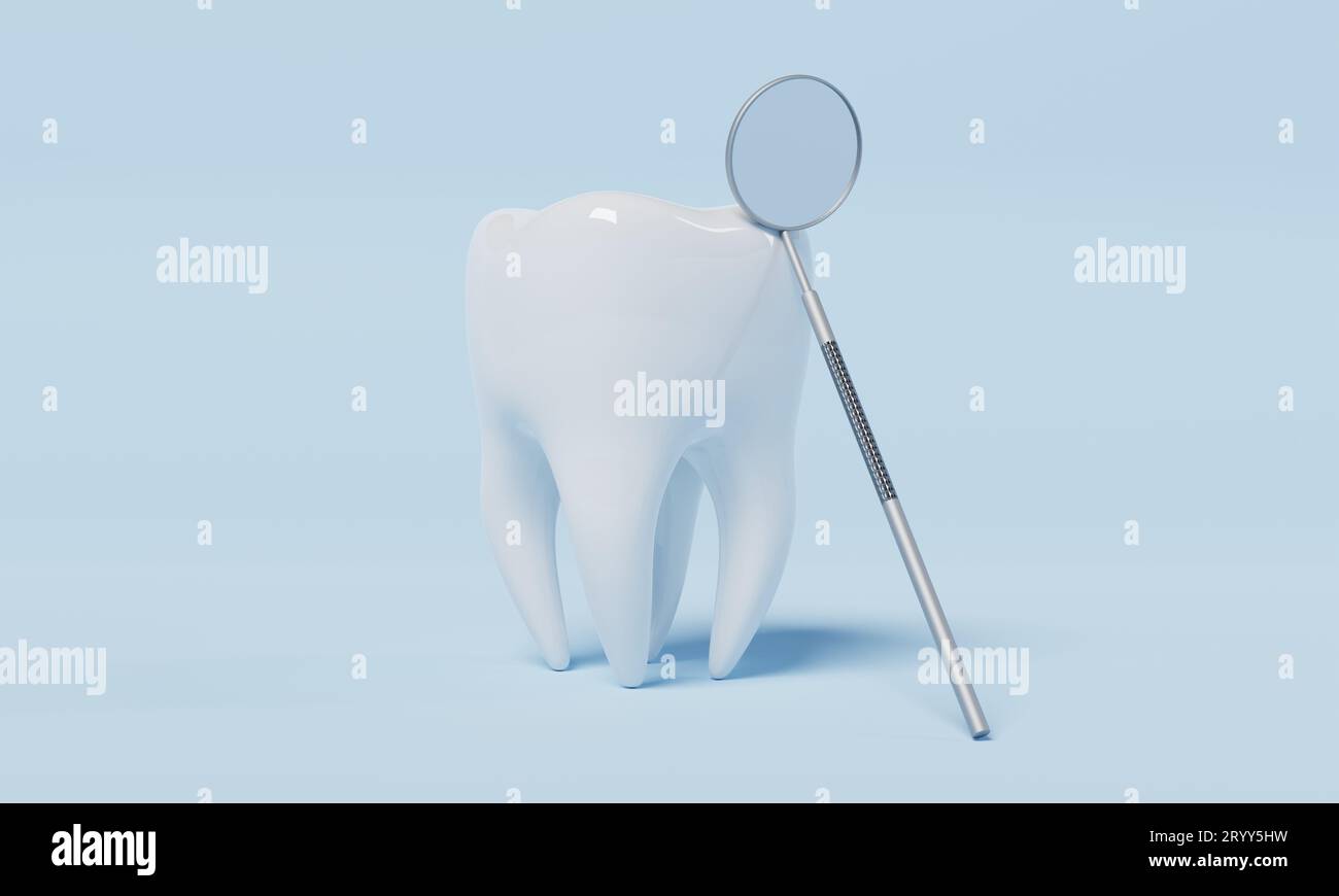 Tooth with dental inspection mirror on blue background. Dental and ...