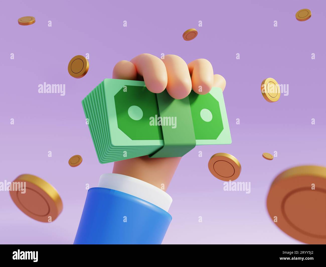 Businessman hand holding money banknote with gold coins on purple ...