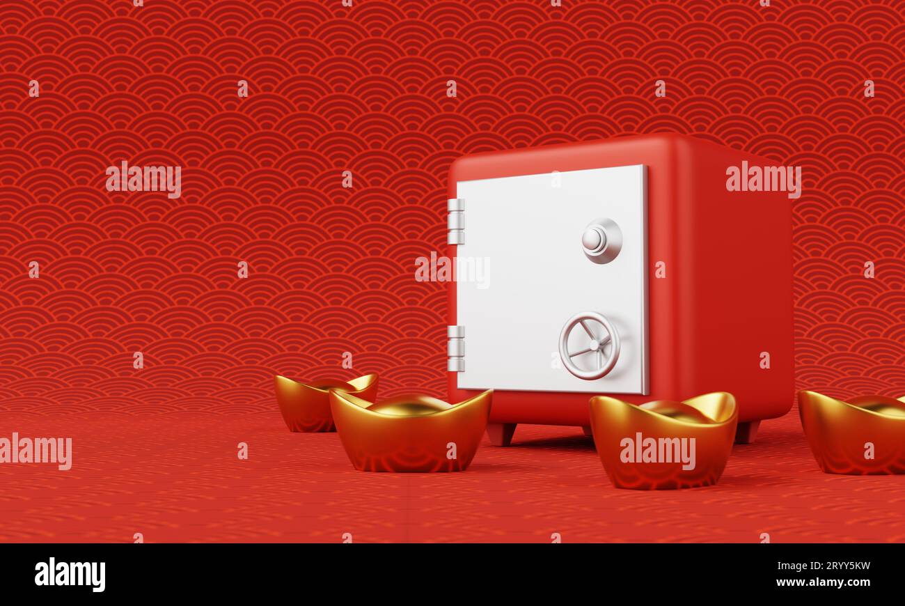 Safe box with Chinese gold ingot and Chinese culture pattern background ...