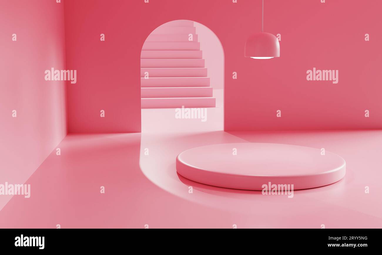 Pink empty room with podium for advertising in minimal background ...