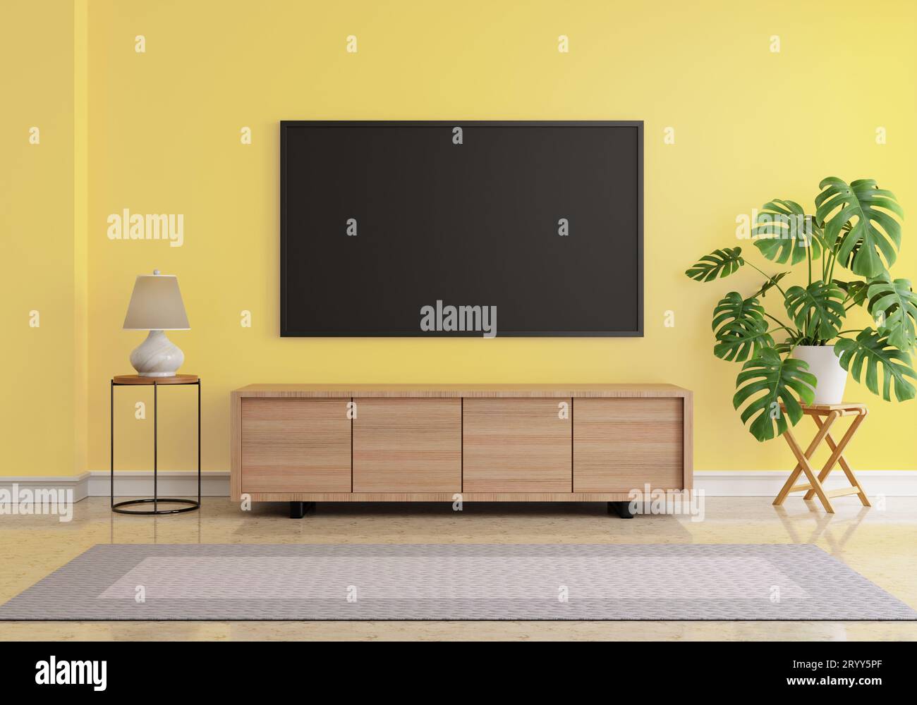Living room with blank screen hanging LCD Television mock up on yellow ...