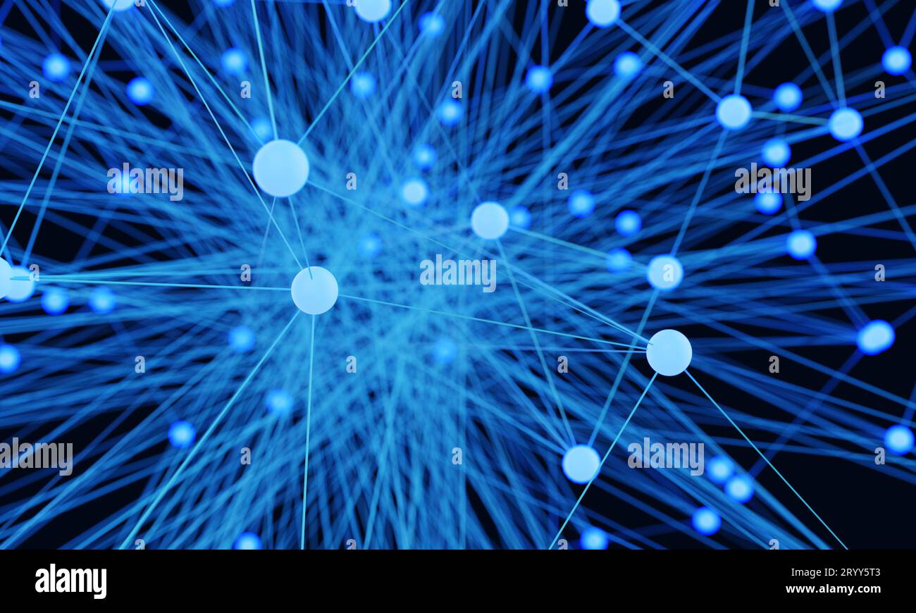 Abstract blue light bulb futuristic technology network node. Cable data line transmission links ...