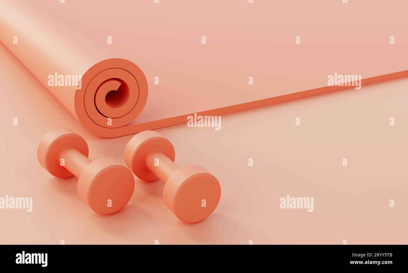 Sport fitness accessories set with yoga mat and dumbbell on pastel pink ...