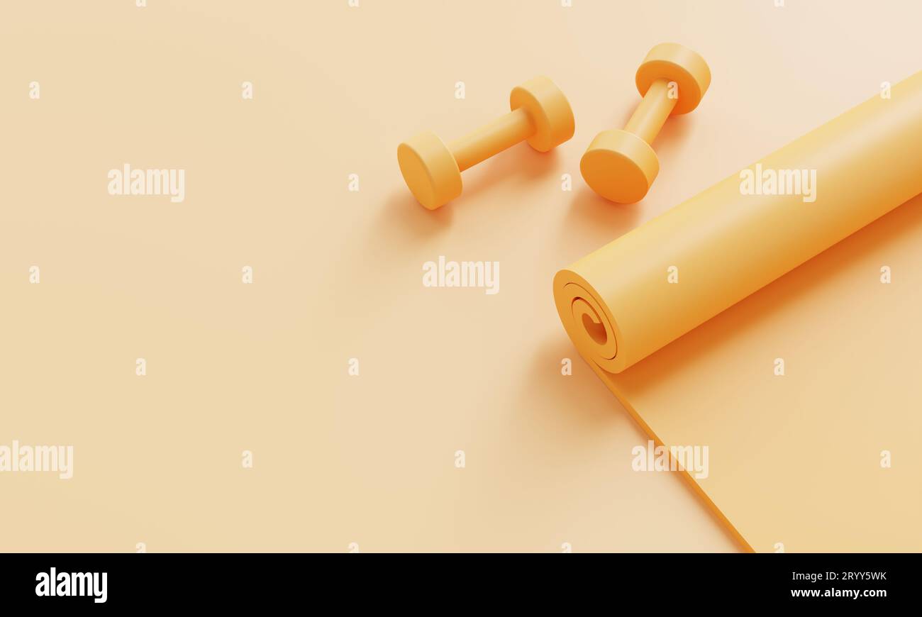 Sport fitness accessories set with yoga mat and dumbbell on pastel ...