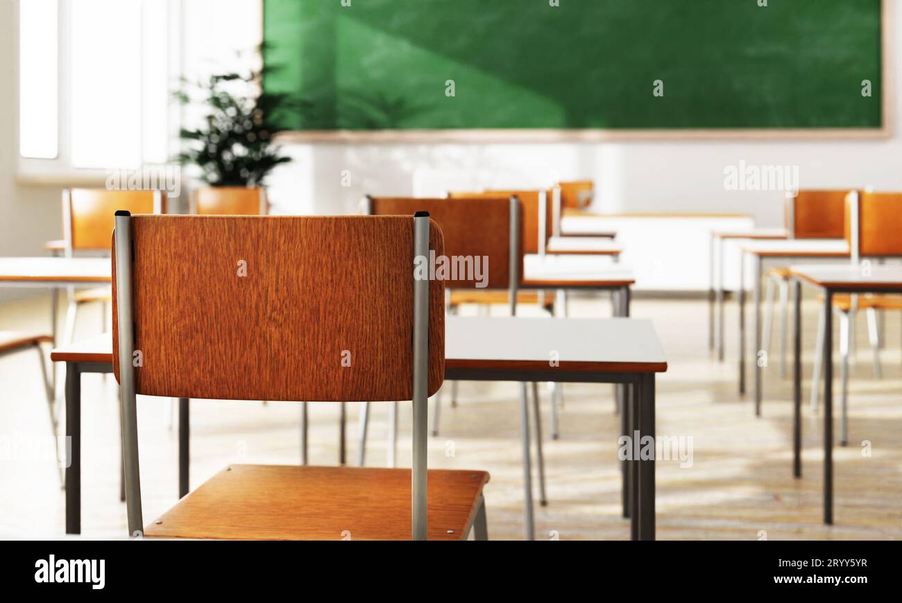 Closeup student chair back seat and desk in classroom background with ...
