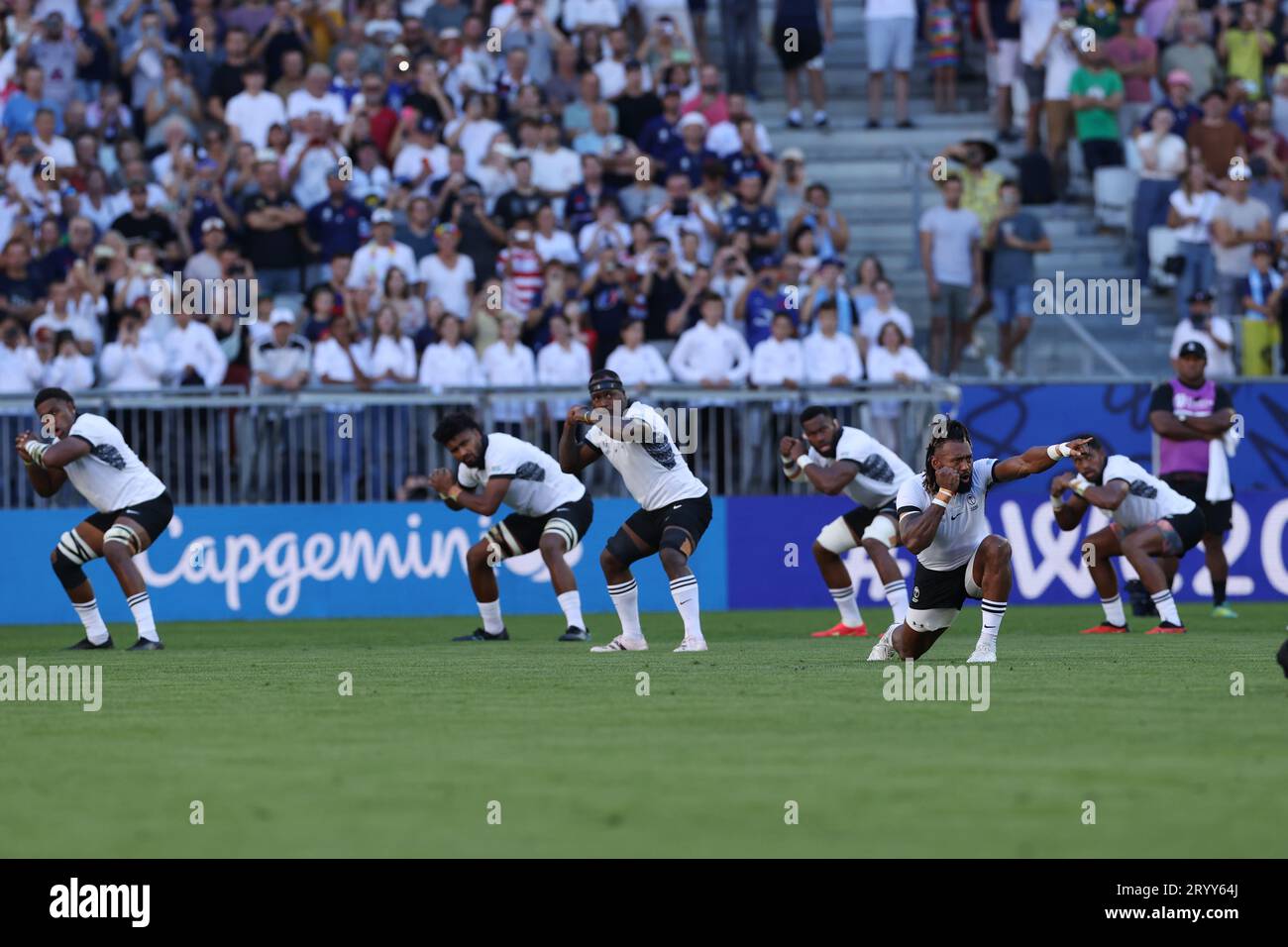 Bordeaux, France, Saturday. 30th Sep, 2023. Fijian players make the ...