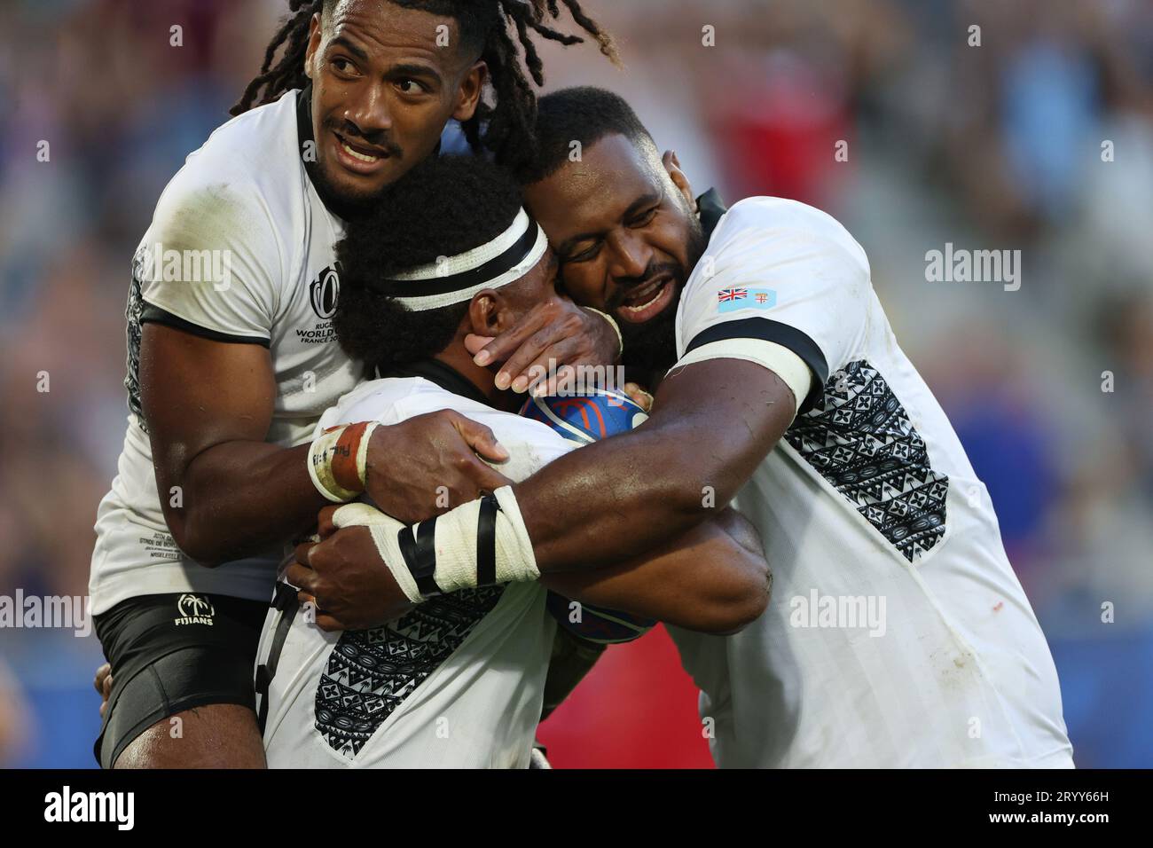 Bordeaux, France, Saturday. 30th Sep, 2023. Fiji's Vinaya Habosi scores ...