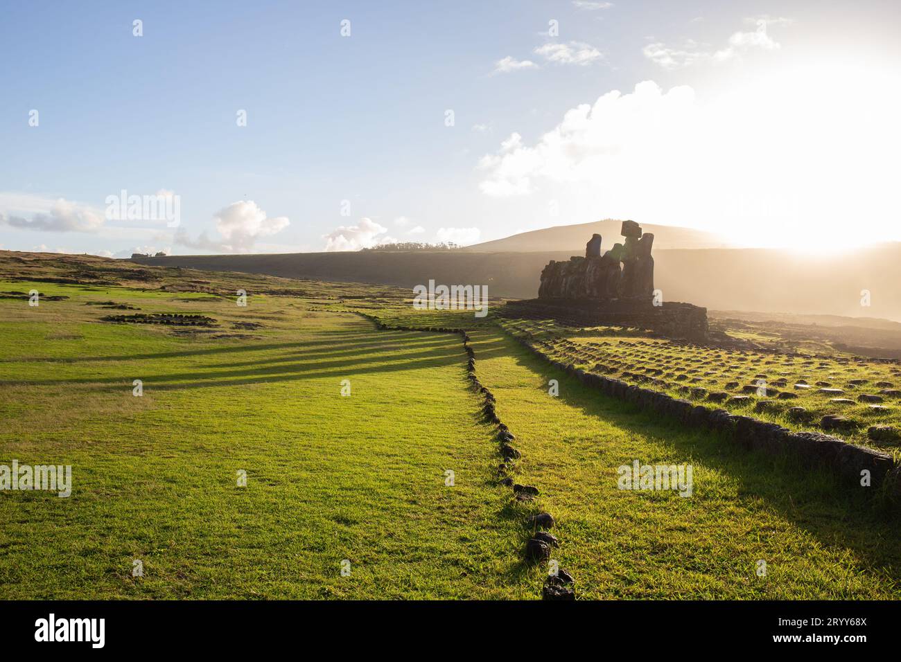 Easter island landscape. Ahu Tongariki. Panoramic view Papa nui Stock ...