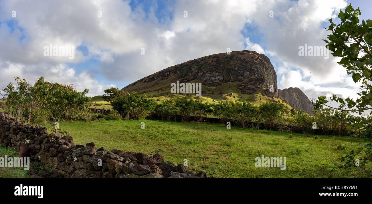 Easter Island. Volcano Ranu Raraku moai quarry on Rapa Nui. Panoramic ...