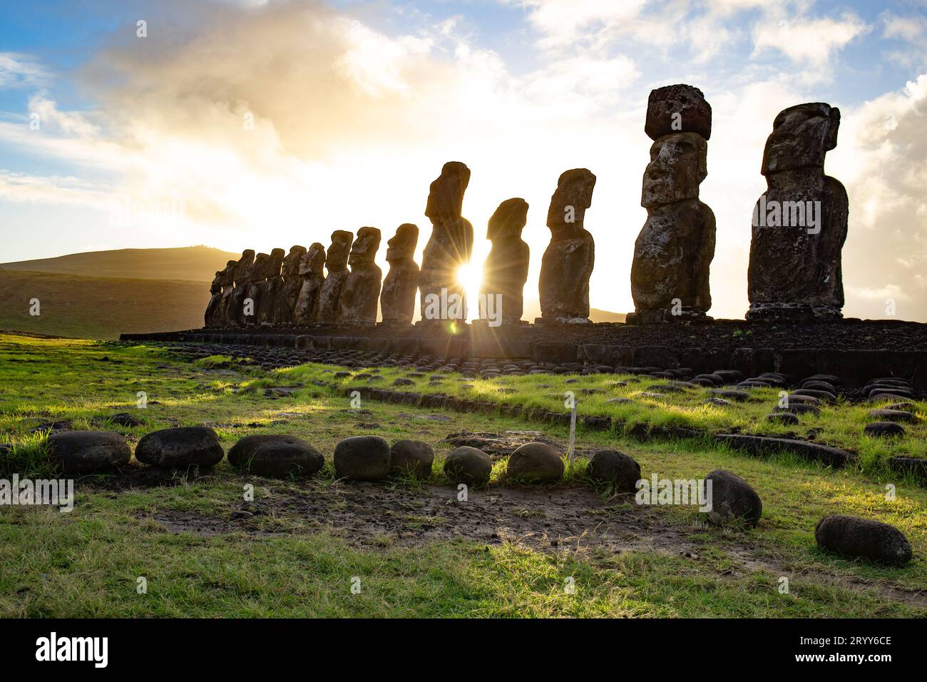 Easter island landscape. Ahu Tongariki. Panoramic view Papa nui Stock ...