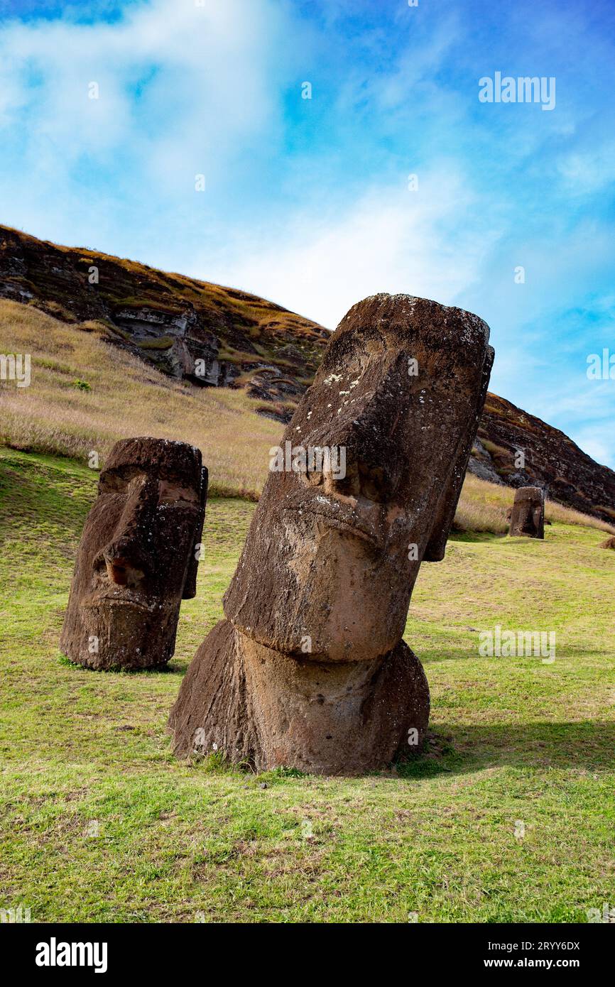 Moai on Ranu Raraku Volcan. Ester Island Landscape Stock Photo - Alamy