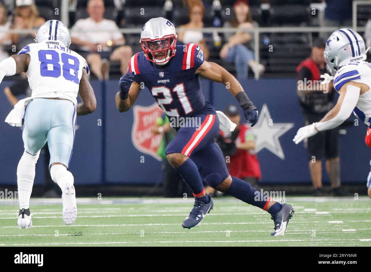 New England Patriots safety Adrian Phillips (21) defends during an NFL ...