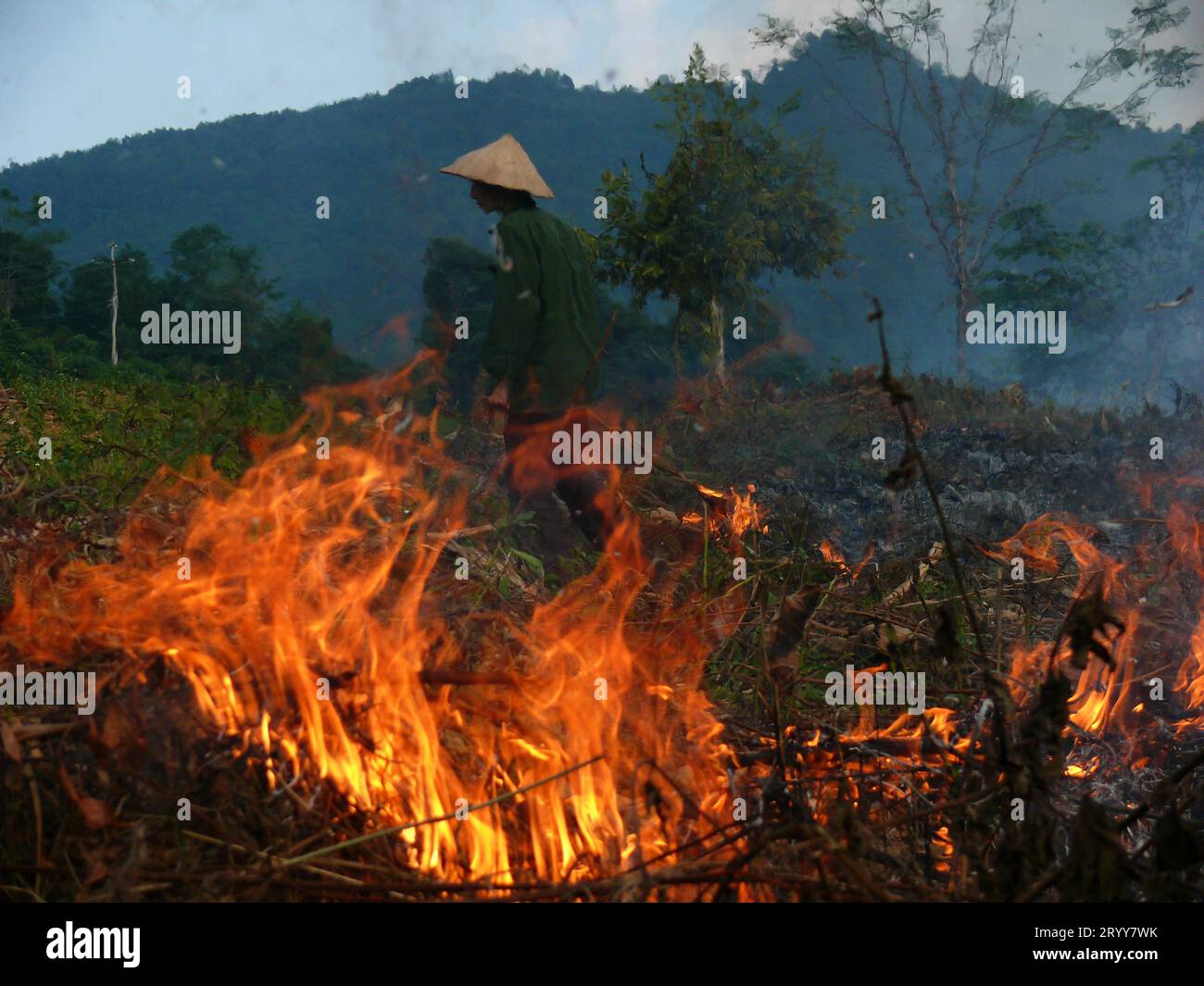 Cao Bang area in the north of Vietnam. Man burning crop residues Stock ...