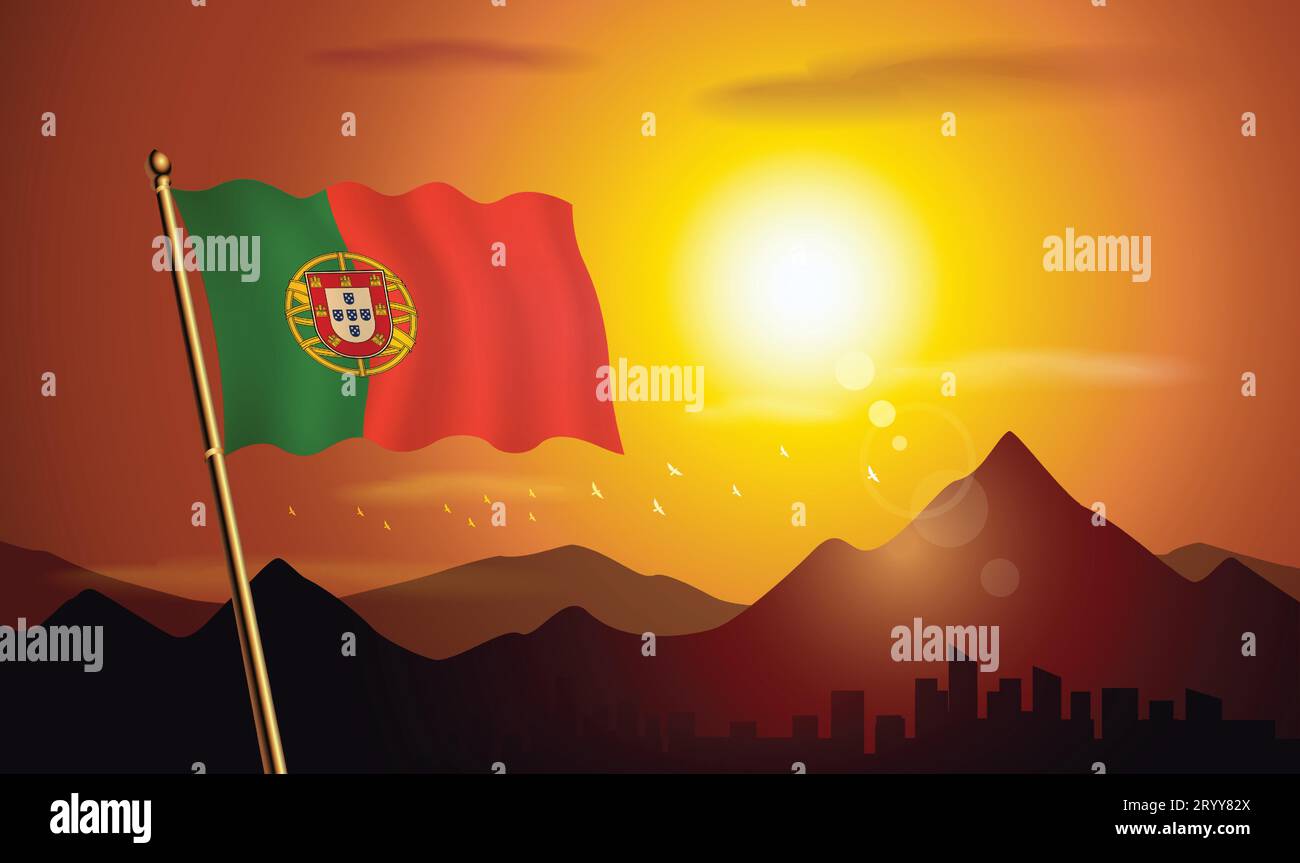 Portugal flag with sunset background of mountains and lakes Stock ...