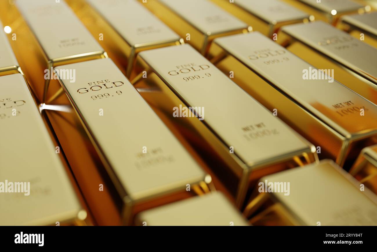 Shiny pure gold bars in a row background. Wealth and economic concept. Business gold future ...