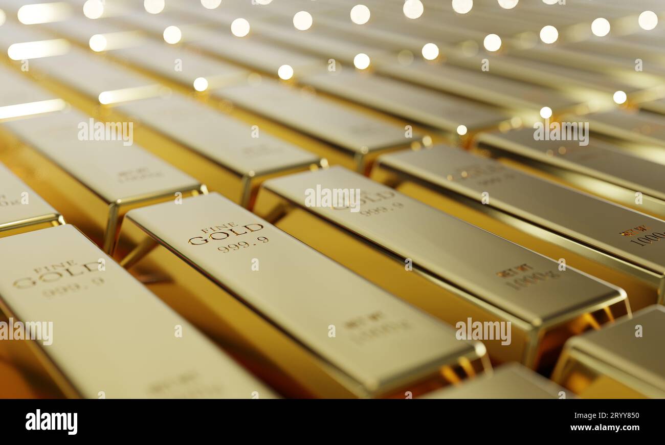 Shiny pure gold bars in a row background. Wealth and economic concept. Business gold future ...