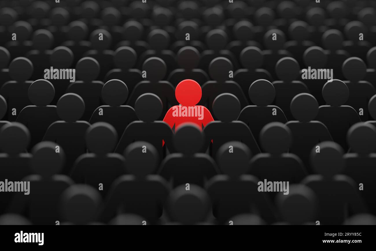 Red man color figurine among crowd black men people background. Social ...