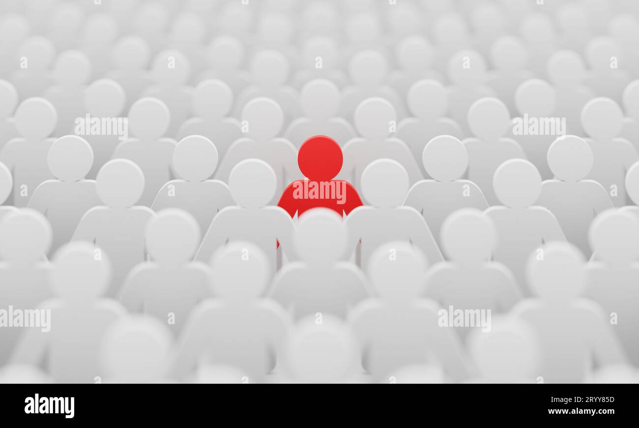 Red man color figurine among crowd white men people background. Social ...