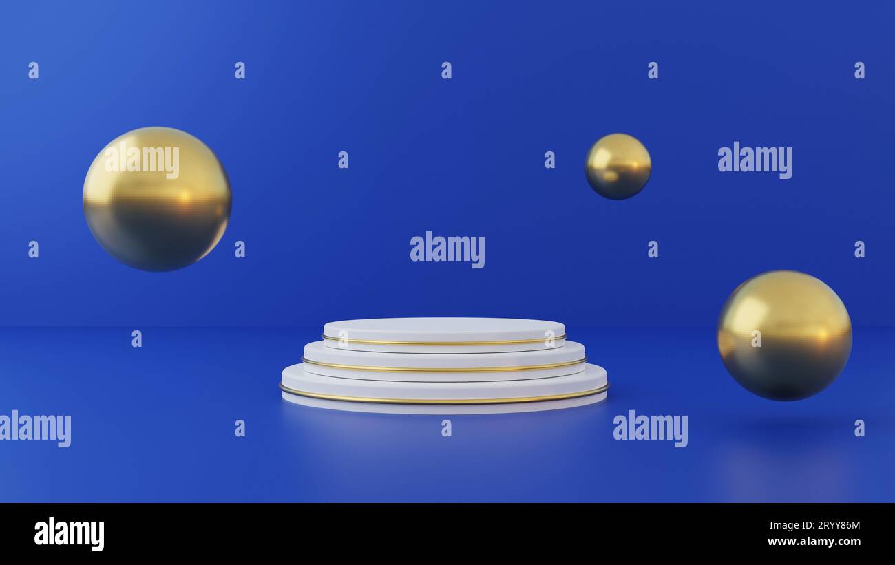 White product stand on blue background. Abstract minimal geometry ...