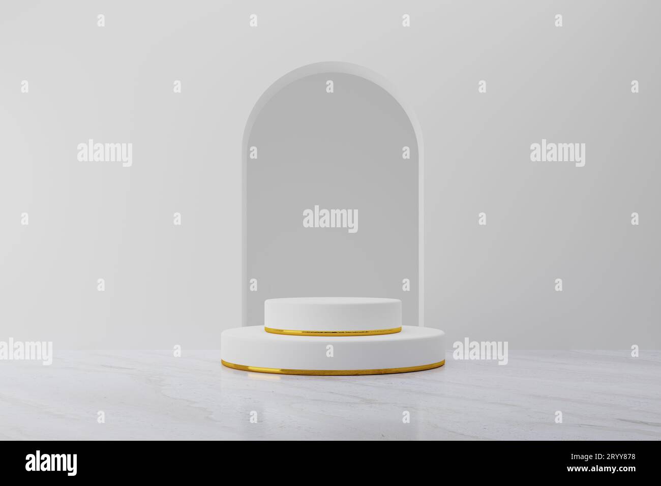 White product podium stage mockup with gold ring background. Abstract ...
