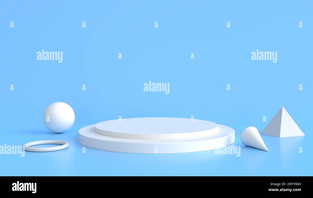 White product stand on blue background. Abstract minimal geometry ...