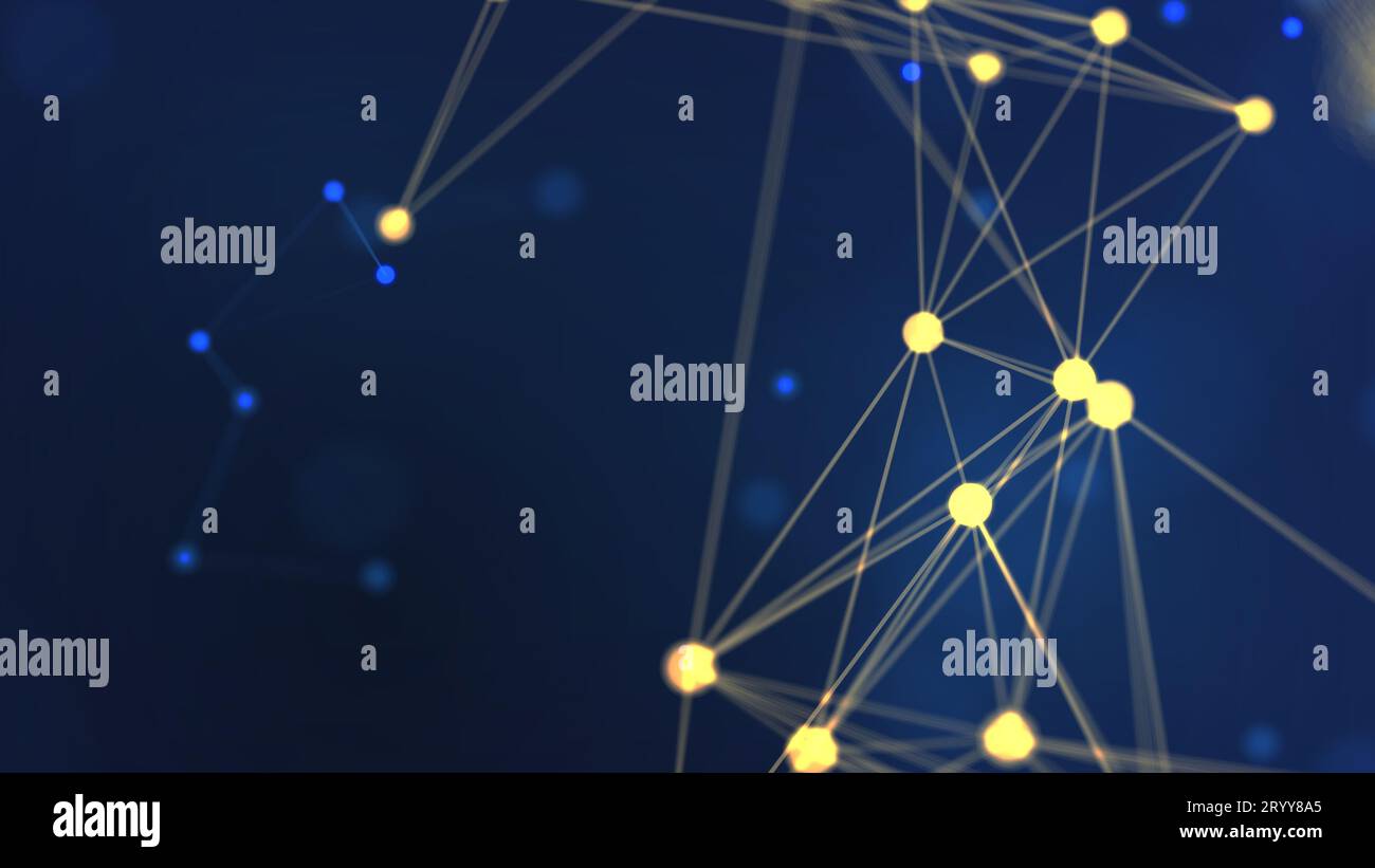 3D rendering abstract yellow geometry flying wireframe network and ...