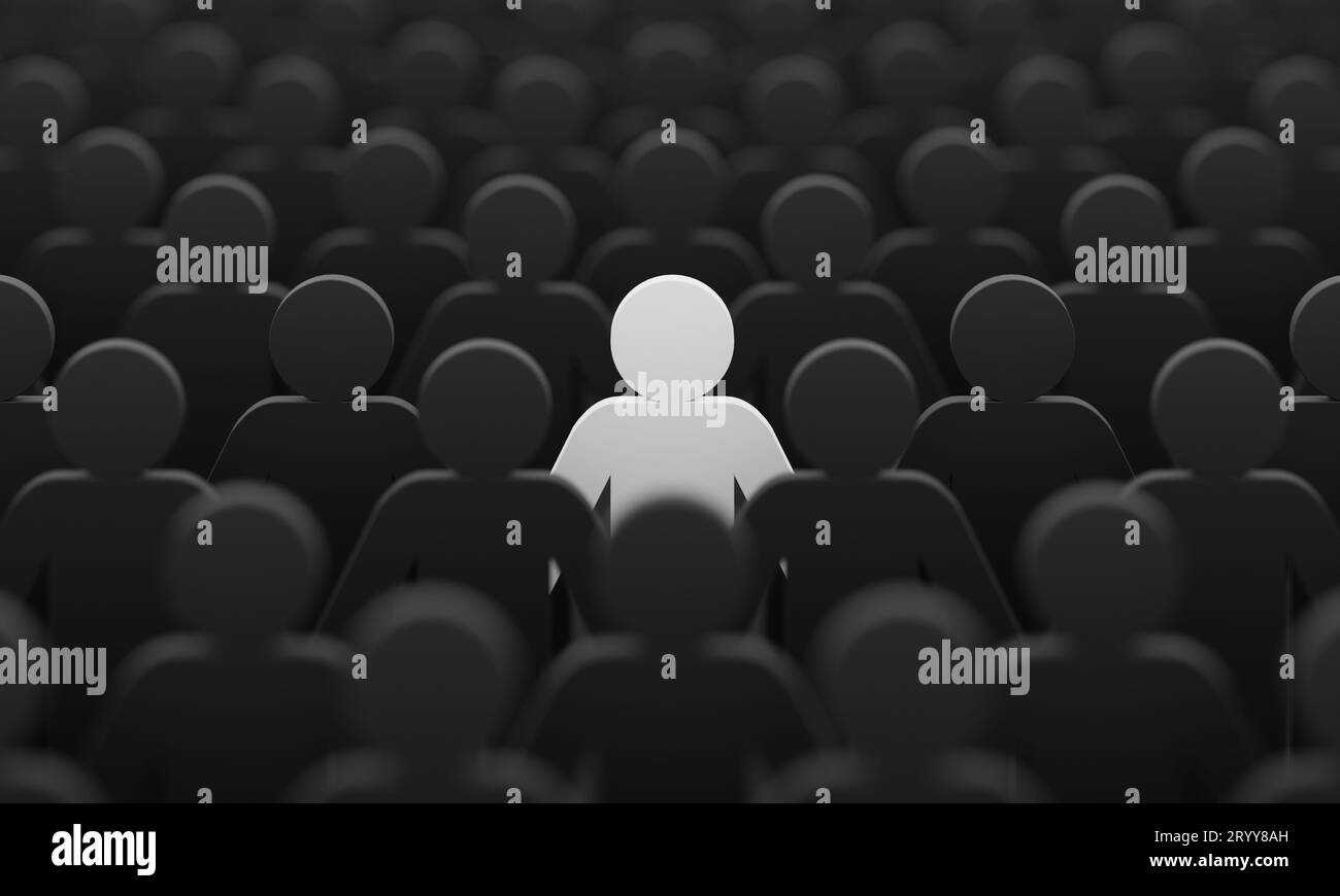 White color figurine among crowd black people background. Social ...