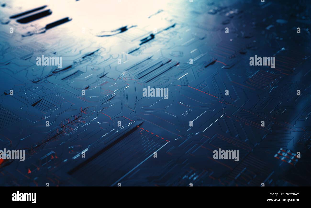 Closeup blue circuit PCB module board of spaceship microchip in sci-fi ...